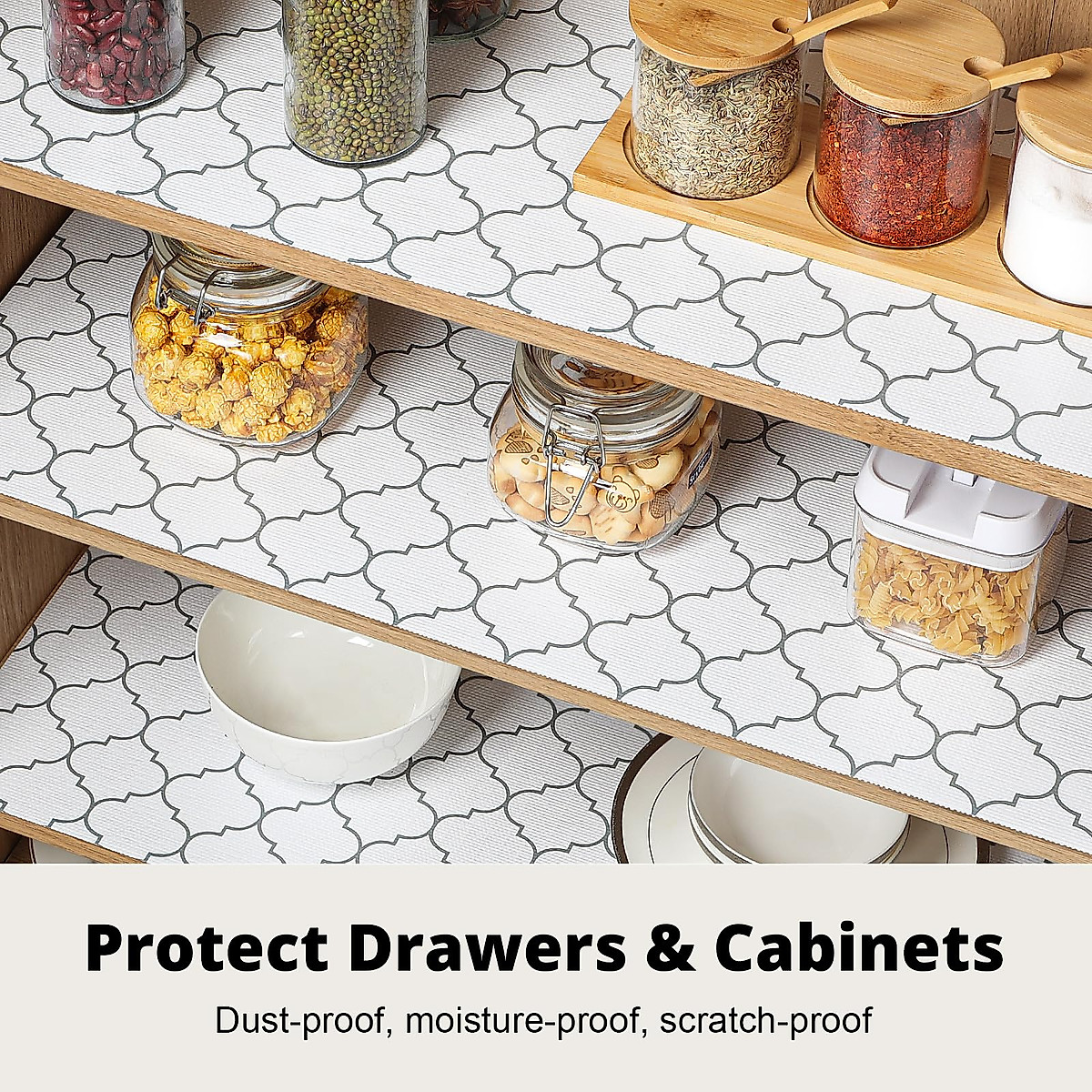 Drawer & Shelf Liner for Kitchen Cabinets, Non-Slip Non-Adhesive Shelf Paper Protect Dresser and Cupboard, Waterproof Drawer Mats for Bathroom, Easy Install