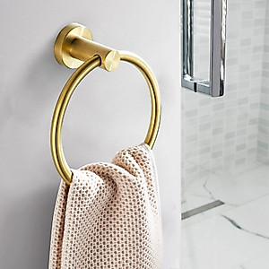 BATHSIR Gold Towel Holder, Brushed Gold Towel Ring Wall Mounted for Bathroom, Heavy Duty Stainless Steel Morden Bathroom Kitchen Wall Mounted Towel Holder