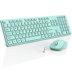 WisFox 2.4GHz Full-Size Silent Keyboard with Numeric Keypad, Long Battery Life, Lag-Free, Slim USB Cordless and Mouse for PC Laptop Windows (Mint Green)