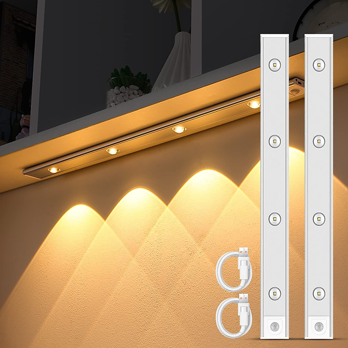 GARTO Silver Under Cabinet Light 2 Packs,23.62 inch Slim LED Motion Sensored Light,4 Beads USB Rechargeable Under Counter Lights for Kitchen Shelf Wardrobe Closet