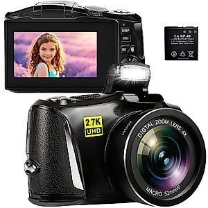 Lincom Tech Digital Camera, 2.7K 48MP Full HD Vlogging Camera Rechargeable YouTube Camera, 3 Inch Portable Compact Mini Blogging Camera Point and Shoot Camera for YouTube, Black