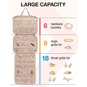 BAGSMART Travel Jewelry Organizer Case,Hanging Roll Jewelry Bag for Travel with Pockets,Large Capacity Jewelry Roll Bag for Rings,Necklaces,Earrings,Bracelets,Bracelets,Portable Travel Essentials,Pink