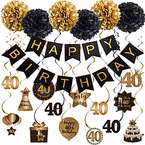 BRT Bearingshui Happy 40th Birthday Hanging Swirls Streamers Decoration Set, Happy Birthday Banner with Tissue Pompoms, Black and Gold 40 Years Old Birthday Party Hanging Backdrop Decorations
