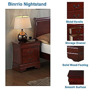 Henf Nightstand with 2 Drawers Traditional Rectangular Side Table, Bedside Table with Metal Ring Handle, Full Assembly Wood Night Stand for Bedroom Furniture, Cherry Brown