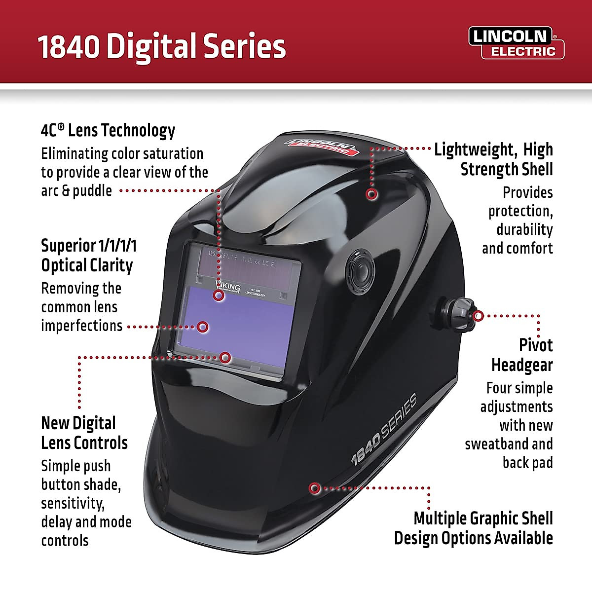 Lincoln Electric Viking 1840 Black Welding Helmet - Auto Darkening - 4C Lens Technology - K3023-3