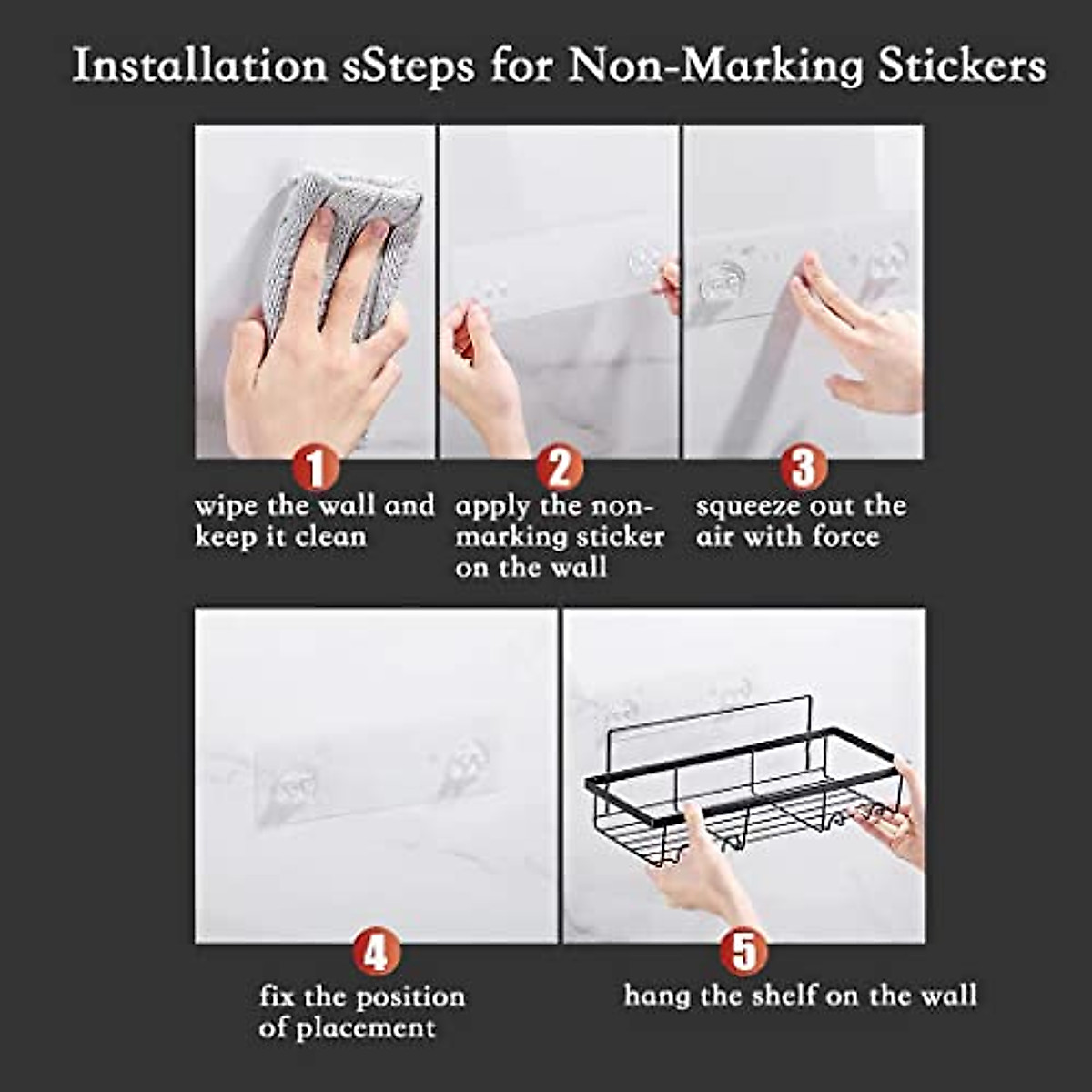 Shower Caddy, Adhesive Shower Organizer, Shower Shelf with 8 Removable Hooks, No Drilling, Rustproof Stainless Steel Black Shower Storage Basket Shelf for Kitchen, Bathroom