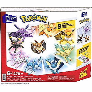 MEGA Pokemon Action Figure Building Toys for Kids, Every Eevee Evolution with 470 Pieces, 9 Poseable Characters, Gift Idea
