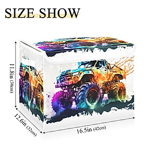 Vnurnrn Storage Bin with Lid Collapsible Rainbow Monster Truck Print, Large Capacity Foldable Storage Basket Cube for Clothes Toys 16.5×12.6×11.8 IN