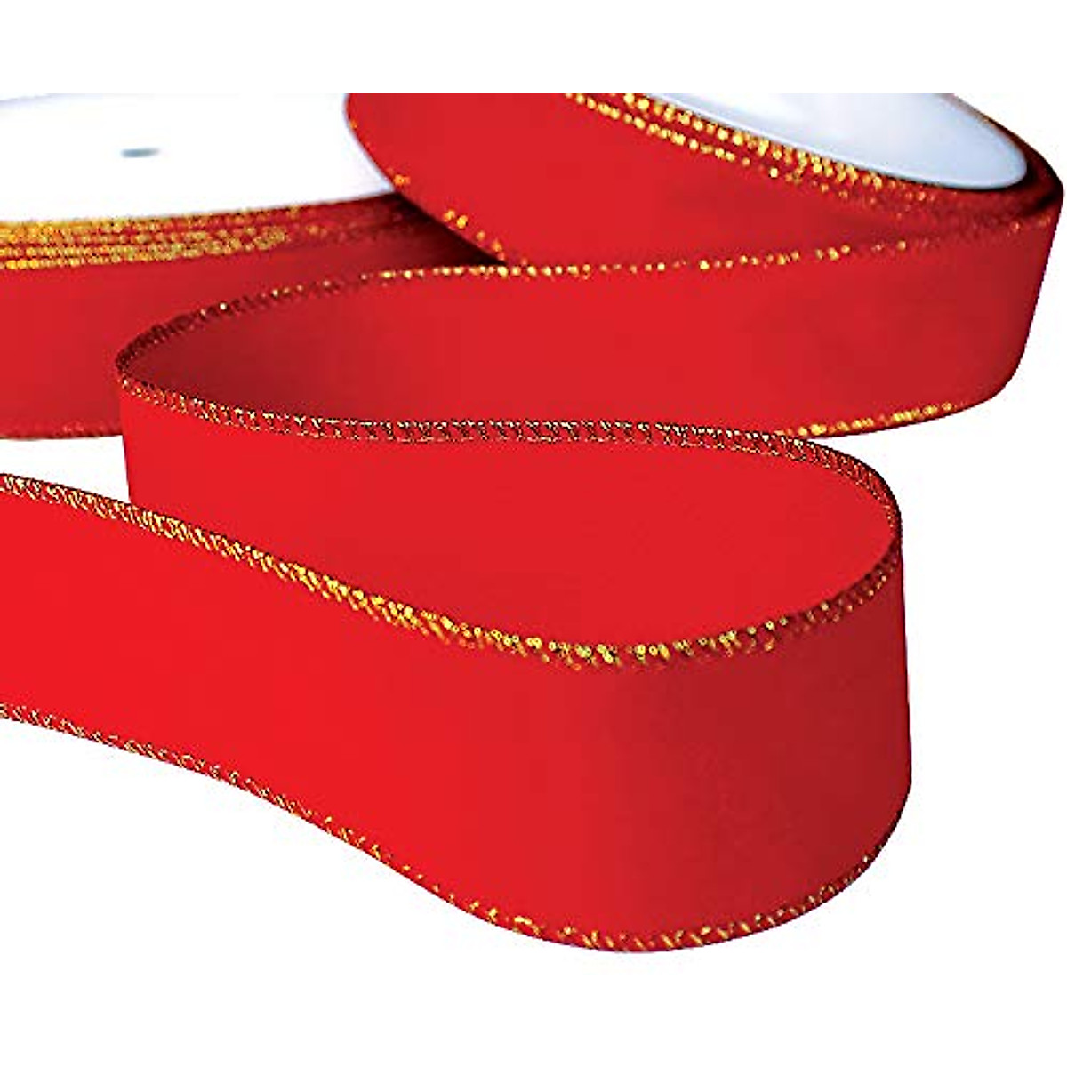 Red Velvet Ribbon Velvet Christmas Ribbon Red Wired 50 Yards/2.5 (2 1/2) Inch Wide w. Gold Trim Wire-Edge: Valentine, Xmas Gift Wrap, Christmas Tree Bows / Outdoor/ Wire Ribbons for Crafts/Gifts