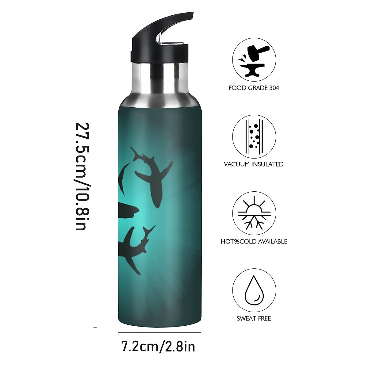 Yasala Shark Silhouette Coffee Thermos Sport Water Bottle Stainless Steel Insulated Beverage Container 20 oz with Straw Lid BPA-Free Boys Girls, Back to School