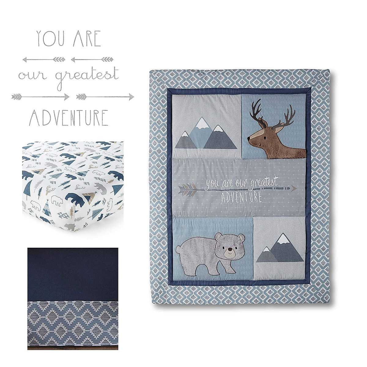 Levtex Baby - Emerson Crib Bed Set - Baby Nursery Set - Navy, Blue, Grey and Tan - Animal Adventure - 4 Piece Set Includes Quilt, Fitted Sheet, Wall Decal & Dust Ruffle