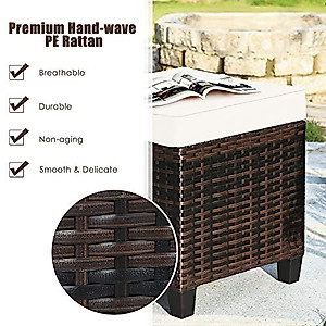 RELAX4LIFE 2-Piece Patio Ottoman Set - Wicker Footstools, All Weather PE Rattan Ottoman with Removable Cushions, Square Footrest Seat, Outdoor Stools for Garden, Porch, Pouf Ottoman (Cream)