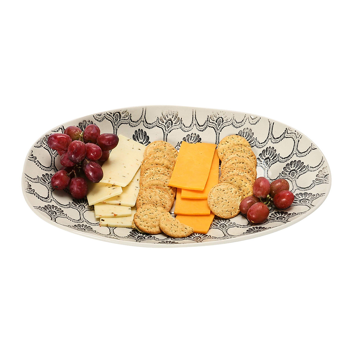 Creative Co-Op Hand-Stamped Stoneware Serving Bowl with Embossed Pattern, Black & Cream Color