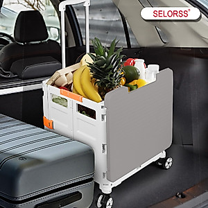 Foldable Utility Cart Collapsible Portable Tool Cart with Wheels Tote Basket,176LBS Load Capacity,Magnetic Lid Telescopic Cover with 360° Wheels Telescoping Handle for Grocery Laundry Luggage,White