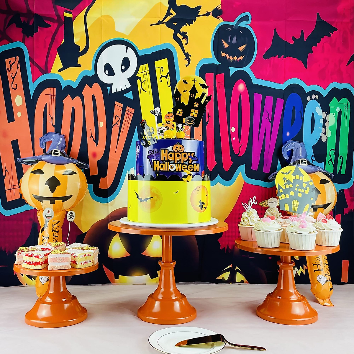 KERYNICE 3 Piece Orange Cake Stands Set Metal Cupcake Pedestal Table Dessert Display Stand with Tall Base Decoration Serving Platter for Baby Shower Wedding Birthday Parties Celebration