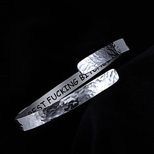 WOUOVO 925-Sterling-Silver Handmade Hammered Wide Cuff-Bangle-Bracelet - Inspirational Encouragement Mothers day Jewerly Gift for Women Grils Mom and Daughter (Best Fucking Bitches)
