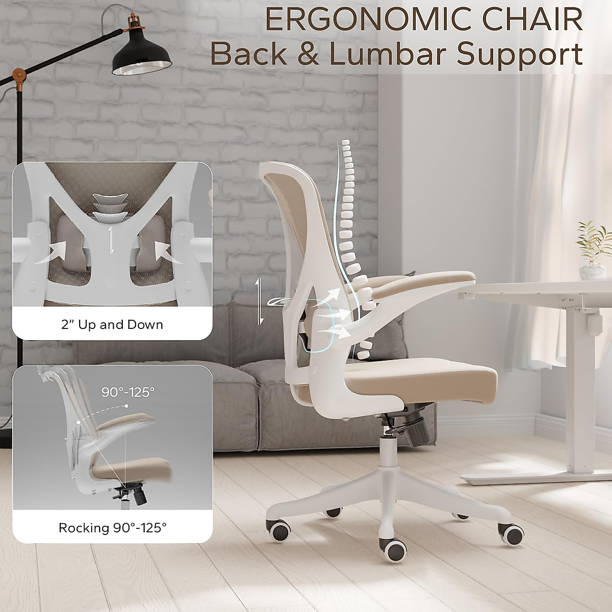 SICHY AGE Mid Back Ergonomic Chair For Computer Home Desk with Flip-Armrest & Cushion for Lumbar Support, Thickened Cushion Desk Chairs Khaki