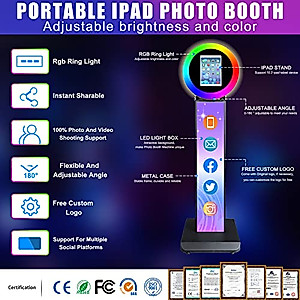 RDYMONKEY Portable Photo Booth for 12.9" Ipad, Metal Shell Stand Selfie Machine with Advertise Light Box, Adjustable RGB LED Ring Light,for Parties, Wedding, Exhibition, Rental Business