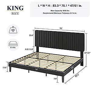 Allewie King Bed Frame, Velvet Upholstered Platform Bed with Adjustable Vertical Channel Tufted Headboard, Mattress Foundation with Strong Wooden Slats, Box Spring Optional, Easy Assembly, Black