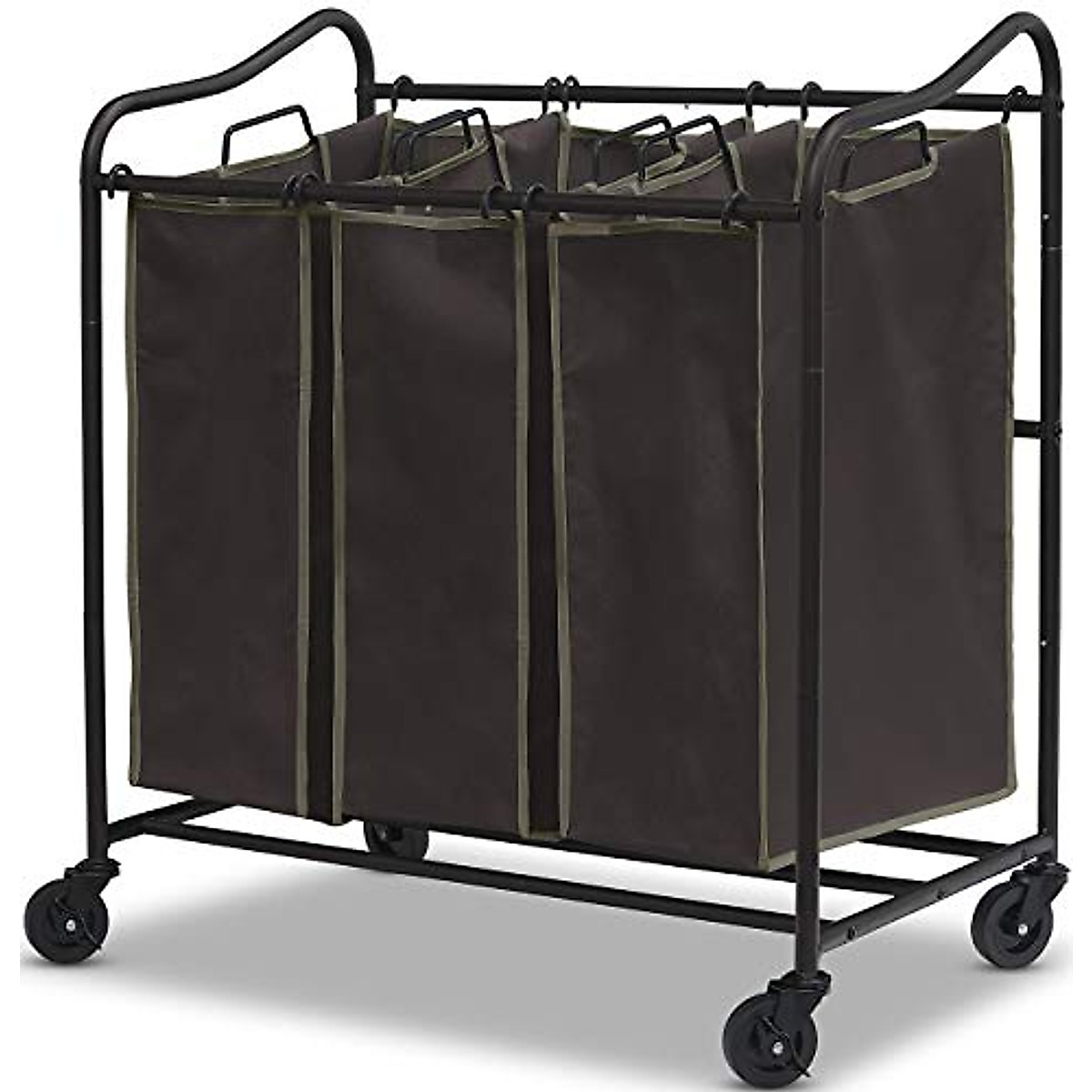 Simple Houseware Heavy Duty 3-Bag Laundry Sorter Rolling Cart + Foldable Laundry Hamper Basket with Lid, Brown