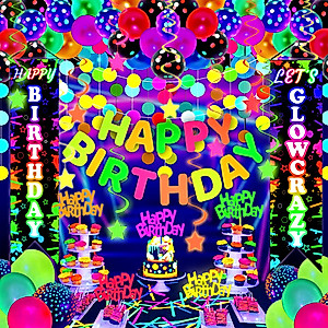 Glow in The Dark Birthday Party Decorations Supplies, Neon Birthday Party Decorations with Neon Balloons Garland,Porch Party Sign Let's Glow Crazy for Glow in The Dark Party supplies, Neon Party Decor
