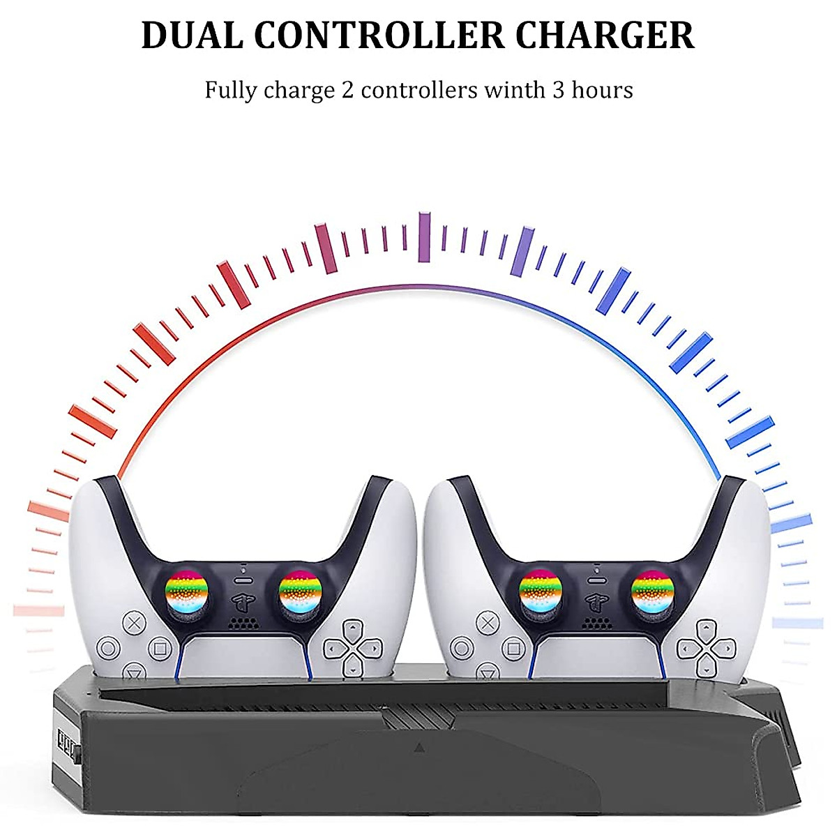 Cooling Fan Vertical Stand Compatible with Playstation 5 with DualSense Controller Charging Station and 14 Game Slots - 4 Thumbstick Caps Included