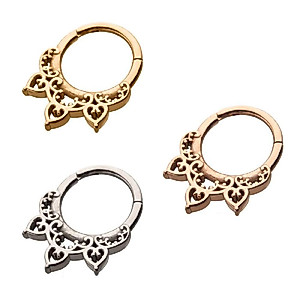 Pierced Owl 16G Stainless Steel Filigree Heart Design Helix Cartilage Daith Septum Hinged Segment Clicker Ring (Silver Tone)