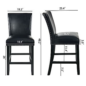 PADMA HOUSE Glass Counter Height Bar Table Stools Set of 4, 42" Round Glasstop Counter Height Table Chairs Set 26" H Barstools Chairs with Upholstered Back for Bar Kitchen Restaurant, Black