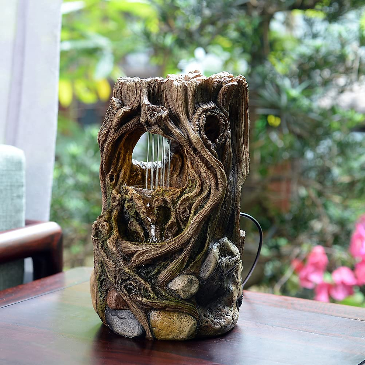 GOSSI 3-Tiered Cascading Tabletop Water Fountains with LED Light - Indoor Simulation Rock Waterfall Fountain - Soothing and Relaxing Water Sound - Small 8.3 Inch Desktop Size - Home/Office Decor