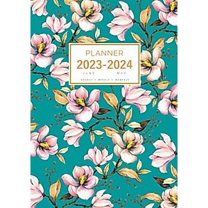 Planner June 2023-2024 May: A4 Large Notebook Organizer with Hourly Time Slots | Watercolor Magnolia Flower Design Teal