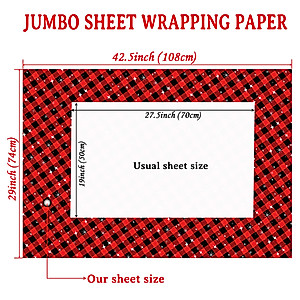ZINTBIAL Christmas Wrapping Paper for Kids Adults - Xmas Jumbo Sheets with Red/Black Plaid, Santa, Reindeer, Gnome, and "Ho Ho" Designs - 29 x 42 Inches, 6 Jumbo Sheets - Recycled, Easy to Store, Not