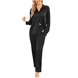 Ekouaer Black Silk Pajamas for Womens Satin Soft Sleepwear Long Sleeve Button loungewear Pj Set with Pockets Black Large