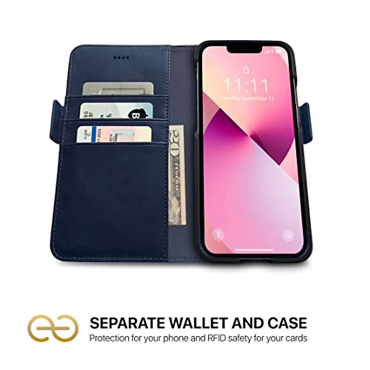 Dreem Fibonacci 2-in-1 Wallet Case for Apple iPhone 13 Mini - Luxury Vegan Leather, Magnetic Detachable Shockproof Phone Case, RFID Card Protection, Magsafe Compatible - Royal