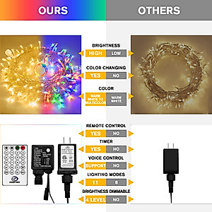 JMEXSUSS 33ft 100 LED Color Changing String Lights Plug in, 11 Modes Warm White & Multicolor Christmas Tree Lights Indoor with Remote, Christmas String Lights Outdoor Waterproof for Xmas Indoor Decor