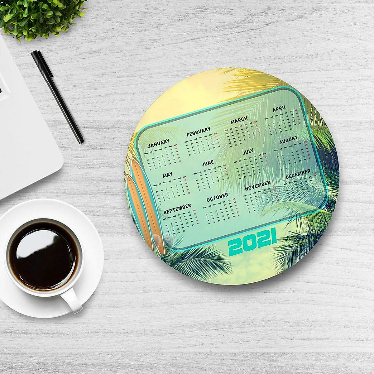 Pixxel Creations | Round Mouse Pad | 2021 Calendar | Gaming | Office | Desk | Home | Gift | Décor | Surf Pardise
