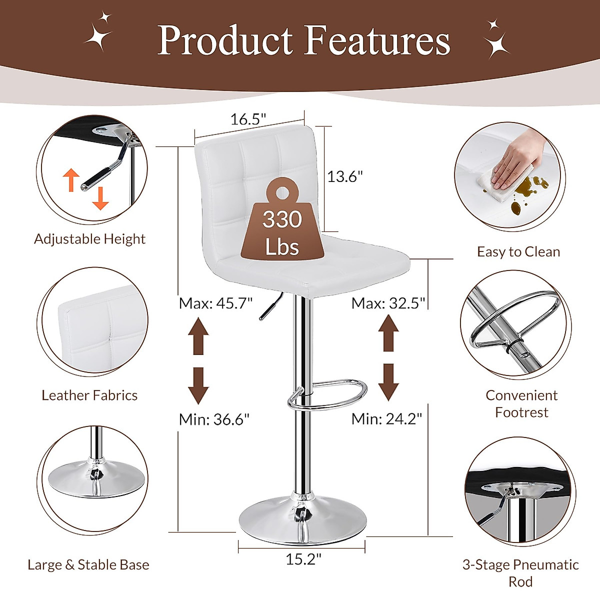 ZENY X-Large Bar Stools - Counter Chairs Adjustable Counter Height Swivel Barstools Set of 4, Square PU Leather Kitchen Counter Height Bar Stools, Kitchen Island Chairs,White