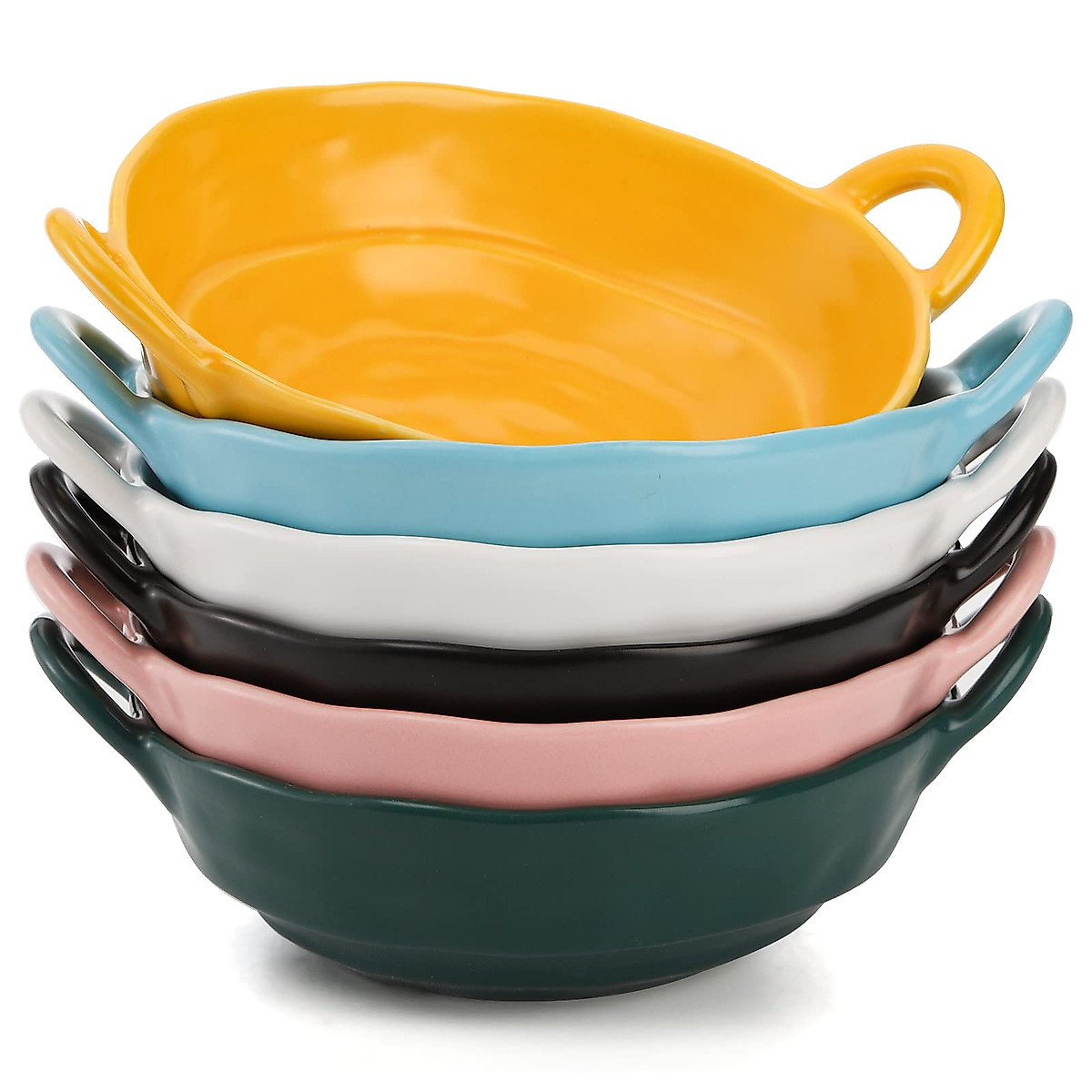 SOUJOY Set of 6 Ceramic Soup Bowl, 20oz Individual Salad Bowls with Handles, Irregular Shape Colorful Cereal Bowl for Soup, Pasta, Ice Cream, Fruits, Dessert, Appetizer, Rice, Matte Glazed
