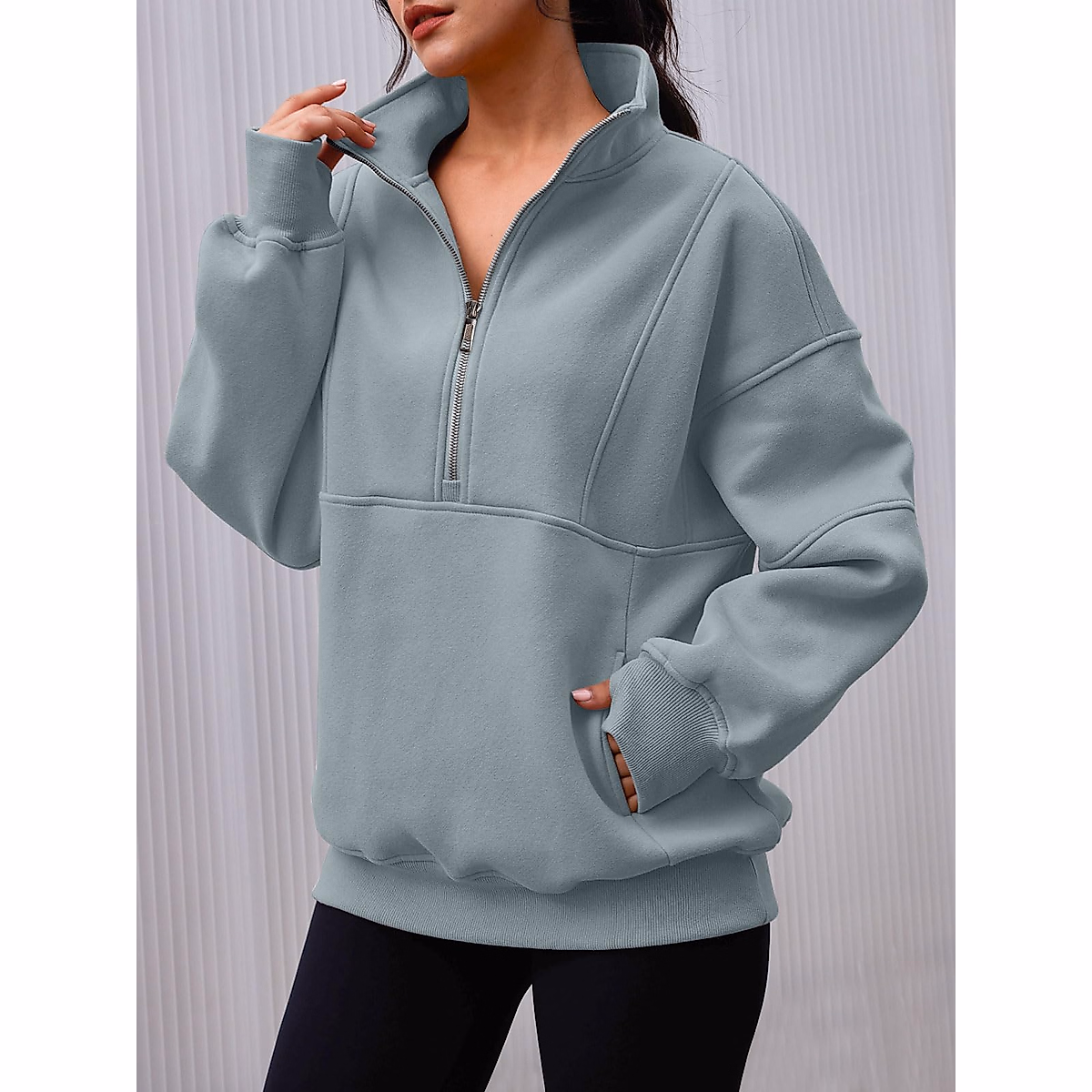 AUTOMET Women's Half Zip Oversized Sweatshirts Fleece Pullover Long Hoodies Casual Mock Turtleneck Sweaters with Pockets GreyGreen L