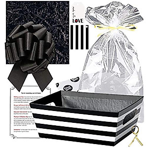 Gift Basket Making Kit Do It Yourself Diy Build Your Own Gift Basket Matching Supplies Market Tray Basket Cellophane Bag Shredded Crinkle Paper Ribbon Pull Bow BLACK AND WHITE STRIPE X-LARGE