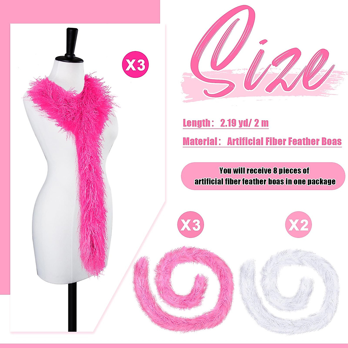 Jexine 8 Pcs Feather Boas Bulk Artificial Fluffy Boas Decor for Wedding Costume Dress Tea Party Supplies(5 Ft,Pink, Rose, White)