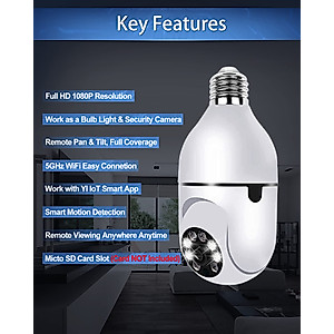 bluedery E27 360° Light Bulb Camera, 2.4GHz & 5G WiFi Security Cameras Wireless, 1080p Night Vision Home Security, Indoor Video Surveillance System, Motion Sensor Detection, Two-Way Audio-Talk