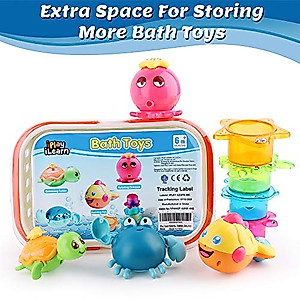 iPlay, iLearn Baby Bath Toys w/ Organizer, Water Squirting Octopus, Wind Up Swimming Turtle, Bathtub & Shower, Stacking Cups, Gift for 6, 9, 12, 18 Months 1, 2, 3 Years, Toddlers, Girls, Boys & Kids