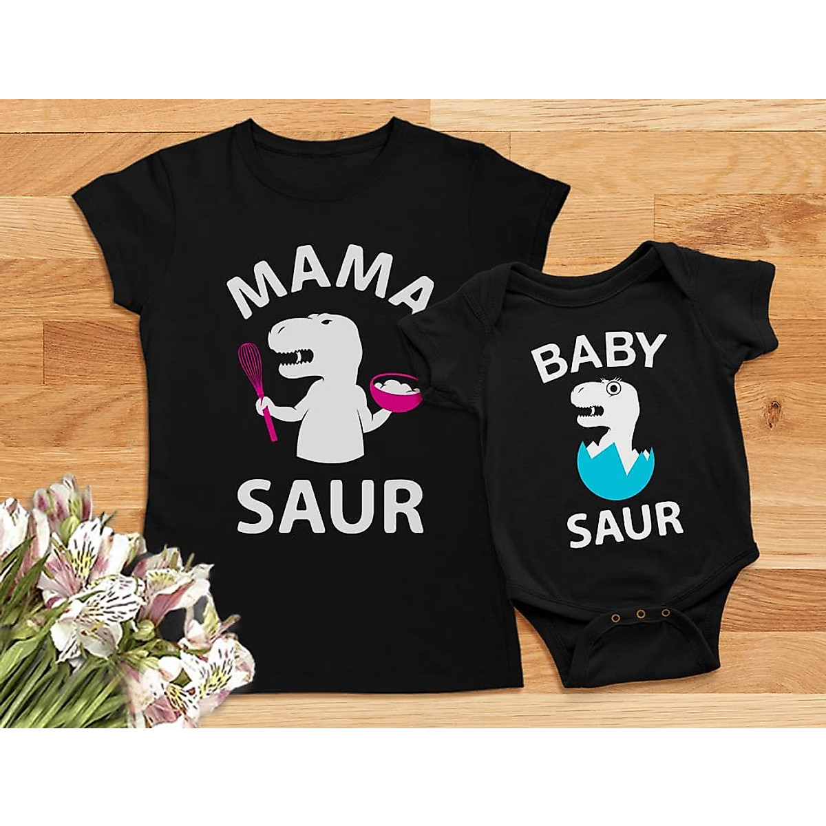 Tstars Mama & Baby Saur Gift for New Moms Mothers Day Mom and Daughter Son Matching Outfits Mom Shirt & Baby Bodysuit Set Mom Black Medium/Baby Black Newborn (0-3M)