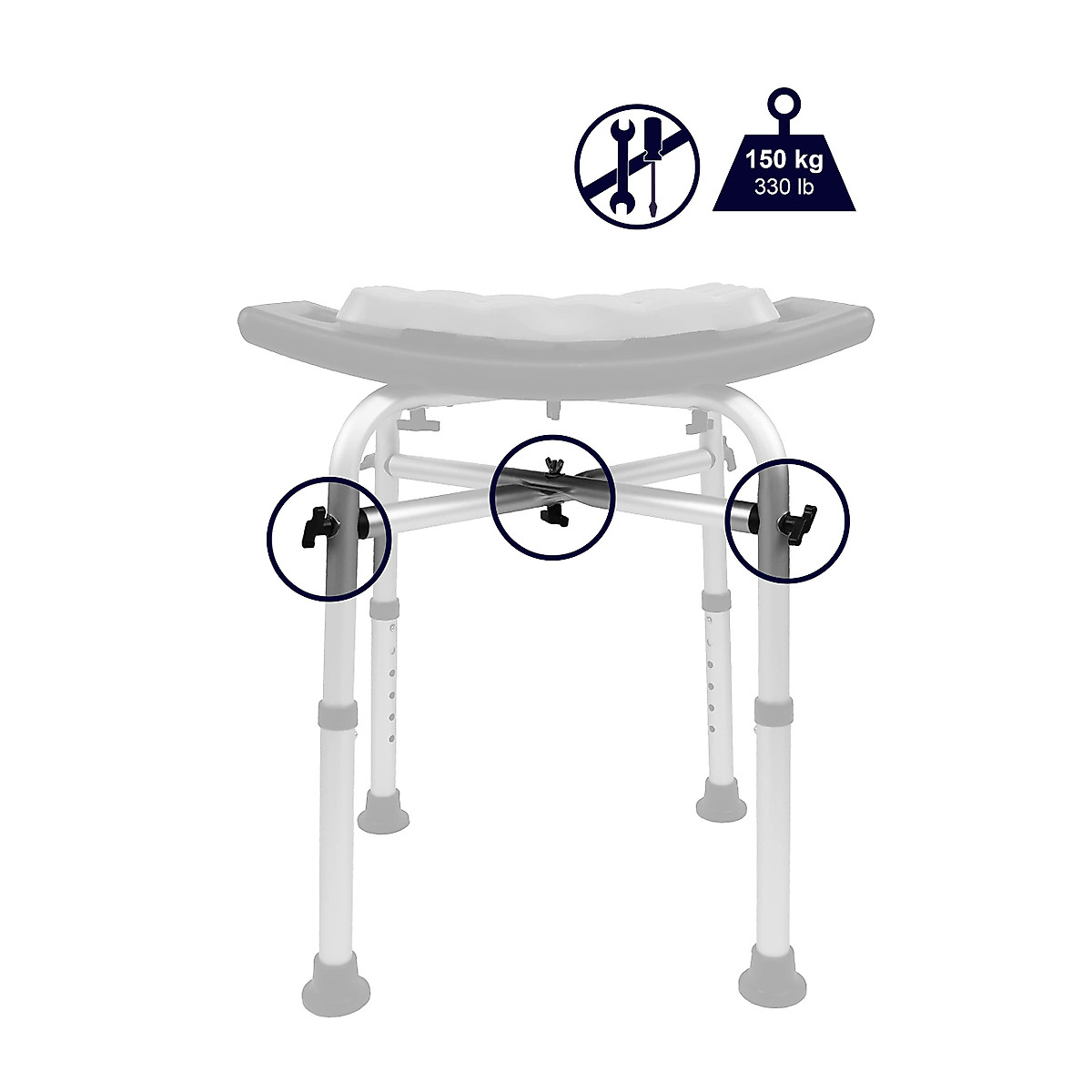 KMINA - Heavy Duty Shower Stool Padded (330 lb) with Double Reinforced Crossbar and Cushion, Shower Stool for Inside Shower, Shower Chair for Bathtub, Black Shower Seat Free Assembly - Made in Europe