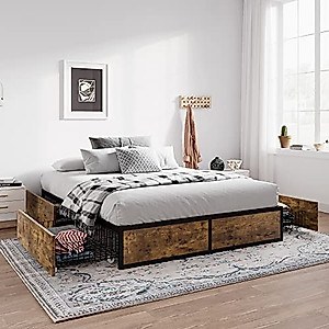 SHA CERLIN Full Size Bed Frame with Storage, Platform Bed with 4 Extra Large Storage Drawers on Wheels, Mattress Foundation, Strong Metal Slat Support, No Box Spring Needed, Easy Assembly