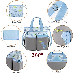 Crossbody Dinosaur Diaper Bag Tote with Changing Station for Baby Boy, 3 Piece Diaper Bag Set (Dinosaurs)