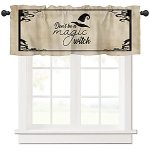 Seven Roses Don't Be a Magic Witch Halloween Lace Farmhouse Short Window Curtain Valances, Retro Beige Backdrop Rod Pocket Kitchen Valances for Living Room Bedroom Bathroom Cafe, 1 Panel - 54" x 18"
