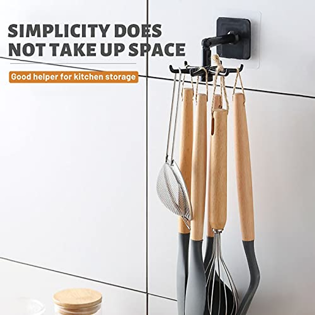 Kitchen Utensil Hanger,Under Cabinet Holder 6 Pieces 360 Degrees Rotating Folding Hook Self-Adhesive Waterproof Utility for Home Bathroom No Drilling （3 White+3 Black）, 4.3×2.7×1.9 inch