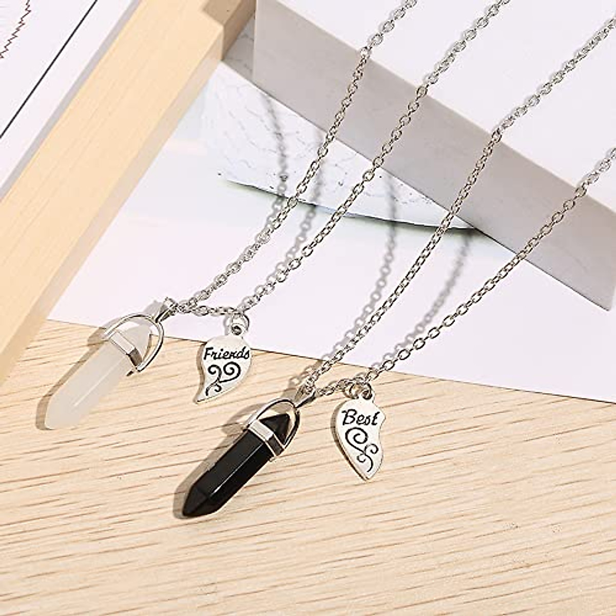 MIFYNN 2pcs Best Friends Crystal Necklace, Bullet Shape Gemstone Hexagonal Chakra Crystal Pendants Matching Heart Friendship Necklaces Set (B)