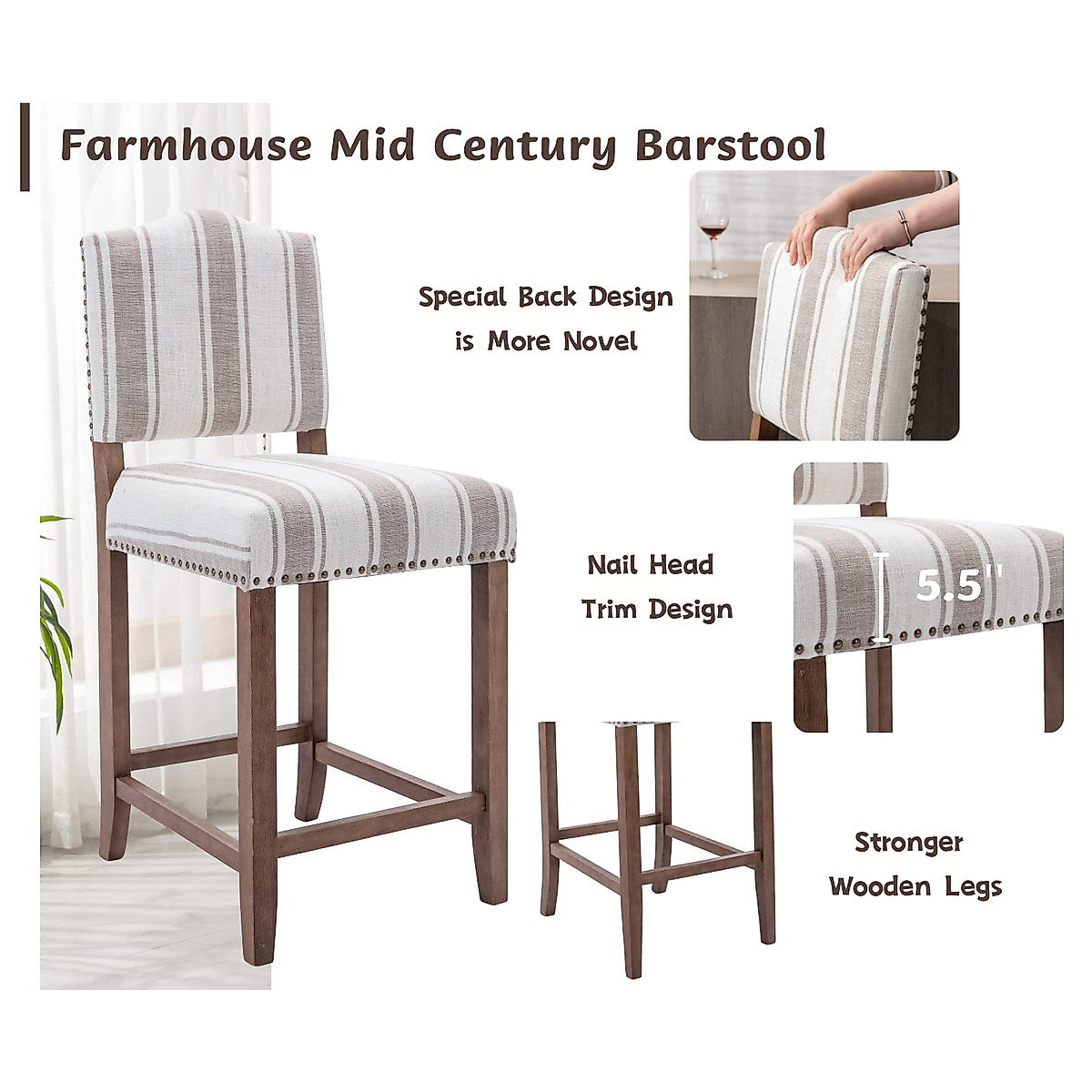 CIMOTA Counter Height Bar Stools Set of 2 Farmhouse Bar Chairs Mid Century Counter Stools Barstools with Back Kitchen Stools with Wood Legs for Island/Dining Room, Linen Beige Brown Stripe, 26 Inch